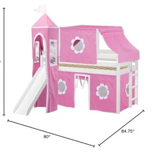 JACKPOT! Princess Low Loft Bed with Slide, Pink and White Tent and Tower, Twin, White