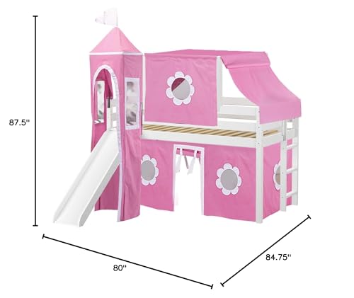 JACKPOT! Princess Low Loft Bed with Slide, Pink and White Tent and Tower, Twin, White