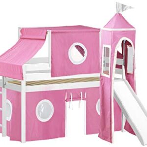 JACKPOT! Princess Low Loft Bed with Slide, Pink and White Tent and Tower, Twin, White