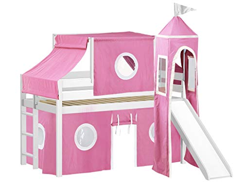 JACKPOT! Princess Low Loft Bed with Slide, Pink and White Tent and Tower, Twin, White