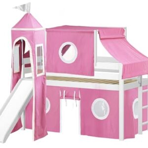 JACKPOT! Princess Low Loft Bed with Slide, Pink and White Tent and Tower, Twin, White