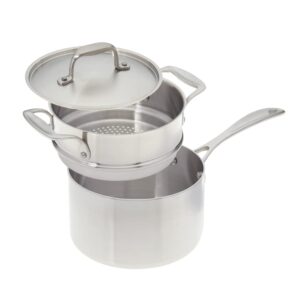 american kitchen - 3 quart stainless steel sauce pan & insert set, with cover and steamer insert, made in america