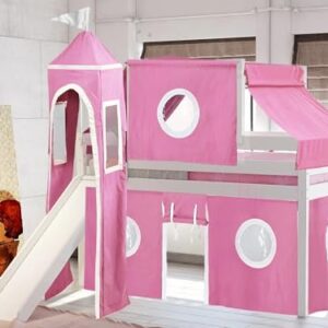 JACKPOT! Princess Low Loft Bed with Slide, Pink and White Tent and Tower, Twin, White