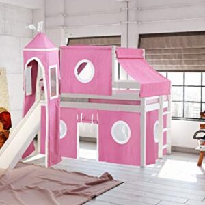 JACKPOT! Princess Low Loft Bed with Slide, Pink and White Tent and Tower, Twin, White