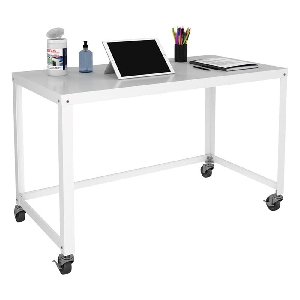 Scranton & Co 48" x 24" Modern Metal 4 Wheels Office Mobile Desk, Durable Steel Construction, Easy to Assemble, Clean & Simple Design, in White Finish