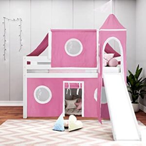 JACKPOT! Princess Low Loft Bed with Slide, Pink and White Tent and Tower, Twin, White