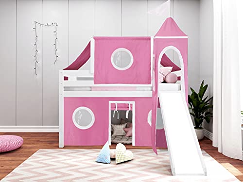 JACKPOT! Princess Low Loft Bed with Slide, Pink and White Tent and Tower, Twin, White