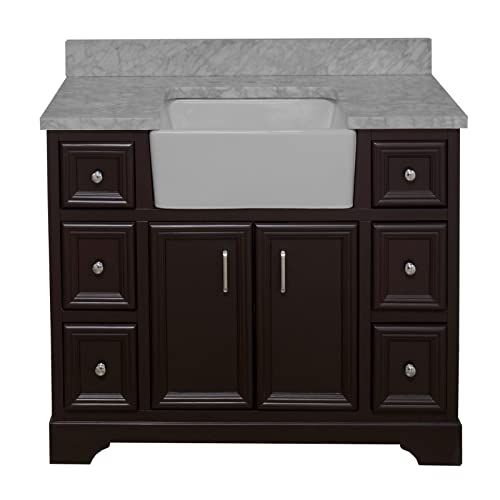 Kitchen Bath Collection Zelda 42-inch Farmhouse Vanity (Carrara/Chocolate): Includes Chocolate Cabinet with Authentic Italian Carrara Marble Countertop and White Ceramic Farmhouse Apron Sink