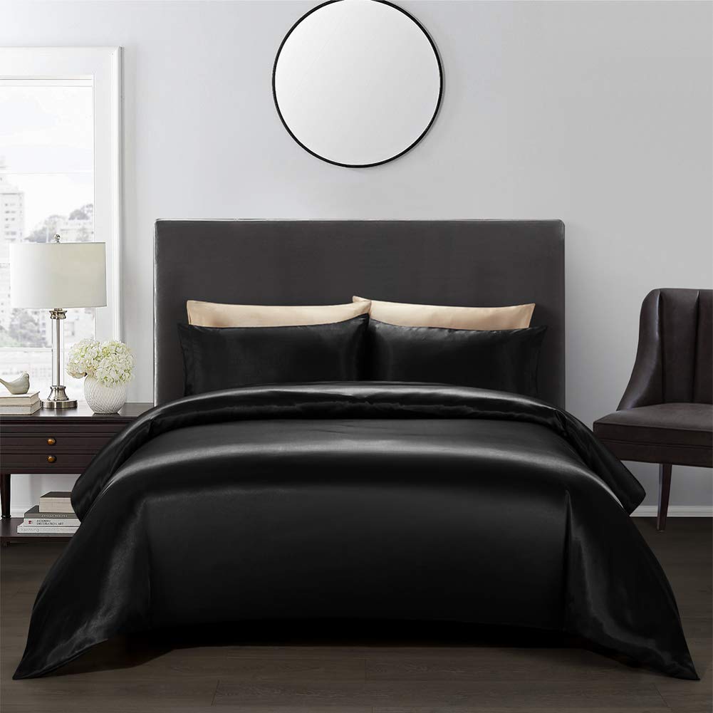 AiMay 3 Piece Satin Duvet Cover Set Bedding Sets Queen Black 1800 Series Luxury Rich Silk Silky Super Soft Solid Color Reversible Zipper Closure Sexy Honeymoon Wrinkle Free (Queen, Black)