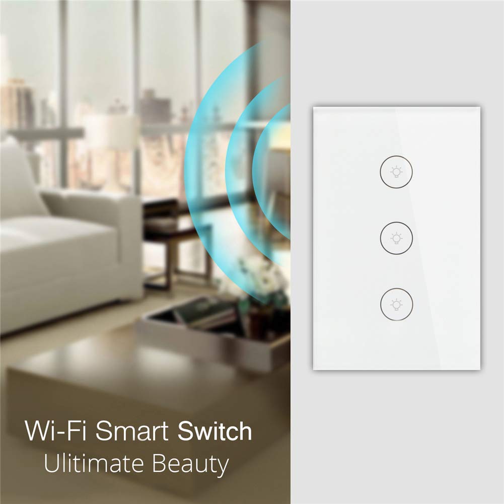 MOES WiFi Smart Wall Touch Light Switch Glass Panel Wireless Remote Control by Mobile APP Anywhere Compatible with Alexa,Timing Function No Hub Required (Wall Switch 3 Gang)