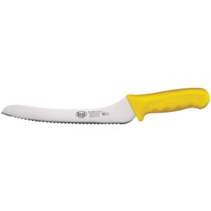 winco 9" commercial-grade serrated bread/pastry knife with offset handle, yellow