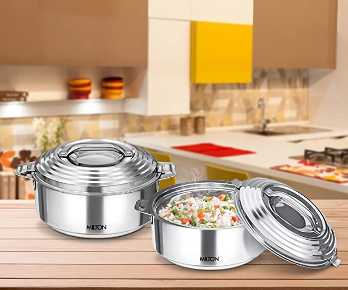 Milton Casserole for hot food, insulated stainless steel hot pot with lid, 84 oz (2500 ml) 2.6 qt, Serving box (bowl, dish) for food and roti Galaxia 2500 Food Warmer Cooler, Silver