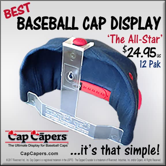 Cap Capers® Baseball Cap Display; Wall Mounted Hat Rack; Baseball Cap Storage & Organization; (12 pk) Great for Cap Collectors. The Ultimate Display for Baseball Caps