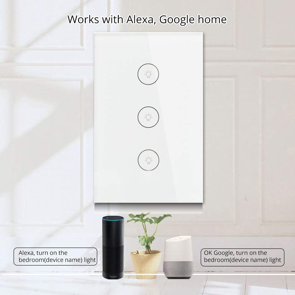 MOES WiFi Smart Wall Touch Light Switch Glass Panel Wireless Remote Control by Mobile APP Anywhere Compatible with Alexa,Timing Function No Hub Required (Wall Switch 3 Gang)