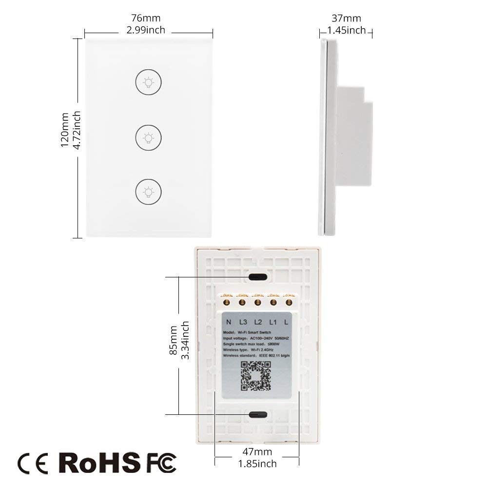 MOES WiFi Smart Wall Touch Light Switch Glass Panel Wireless Remote Control by Mobile APP Anywhere Compatible with Alexa,Timing Function No Hub Required (Wall Switch 3 Gang)