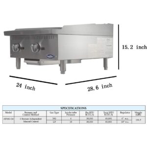 ATMG-24 Commercial Griddle Heavy Duty Manual Flat Top Restaurant Griddle Stainless Steel Portable Grill Natural Gas 24" Countertop - 60,000 BTU c