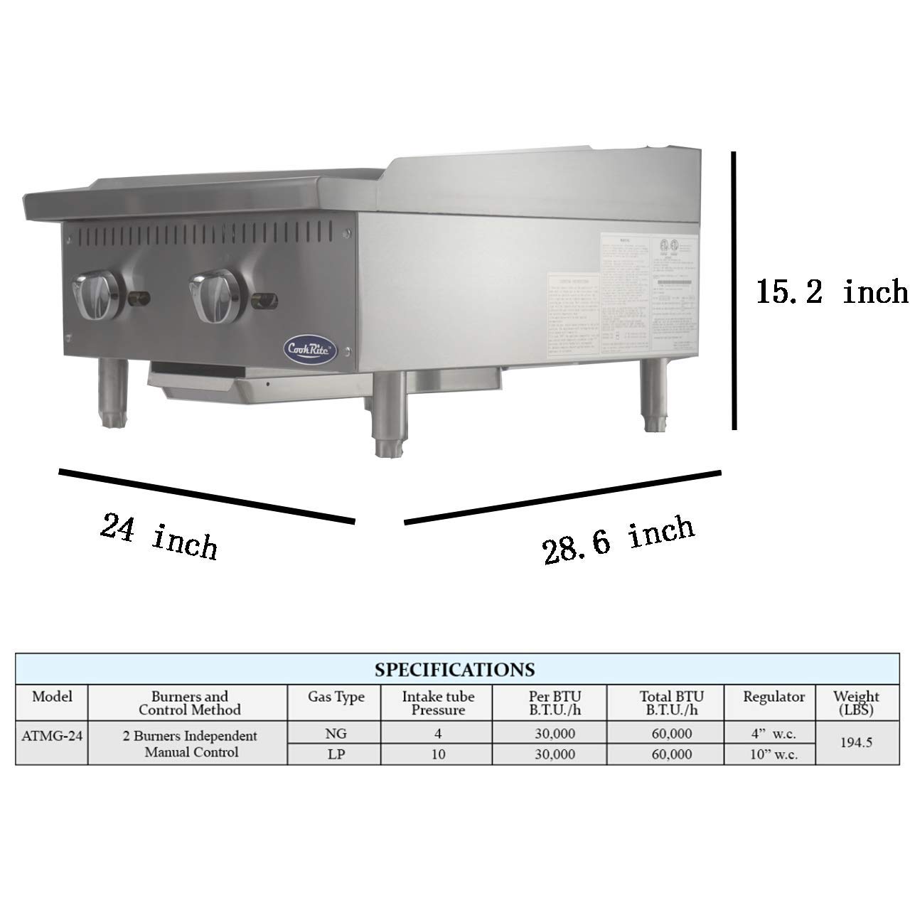 ATMG-24 Commercial Griddle Heavy Duty Manual Flat Top Restaurant Griddle Stainless Steel Portable Grill Natural Gas 24" Countertop - 60,000 BTU c