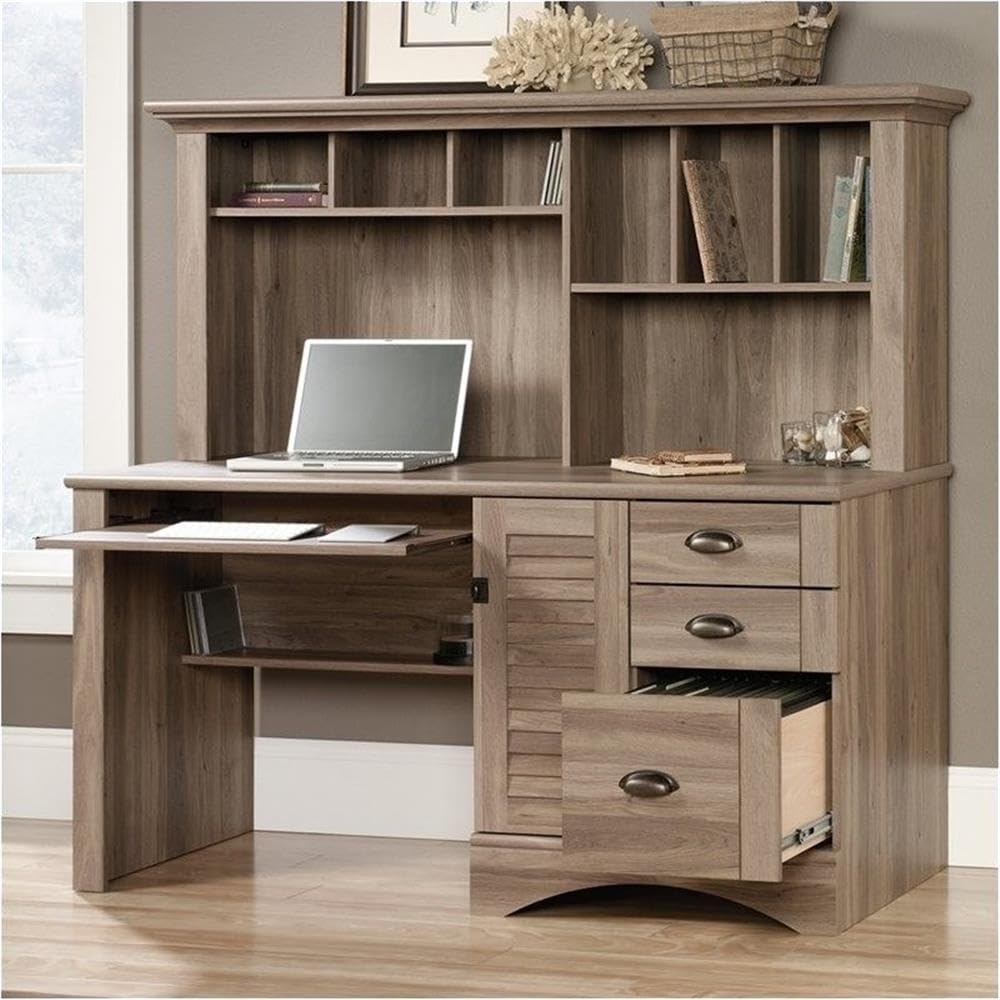 Scranton & Co Modern Wood Computer Desk with Hutch in Salt Oak