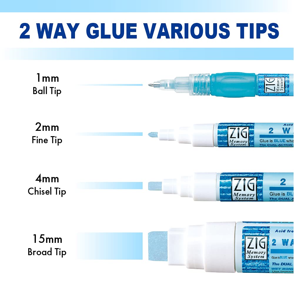 Kuretake Zig 2Way Glue Pen, 15mm Board Tip 2pcs Set, Quick Dry Liquid Stick Marker, for Artists, Crafting, Scrapbooking, Gift Card, Calligraphy, Made in Japan