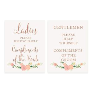 andaz press wedding party signs, faux rose gold glitter with florals, 8.5x11-inch, ladies gentlemen bathroom basket compliment of bride groom, 2-pack, colored decorations