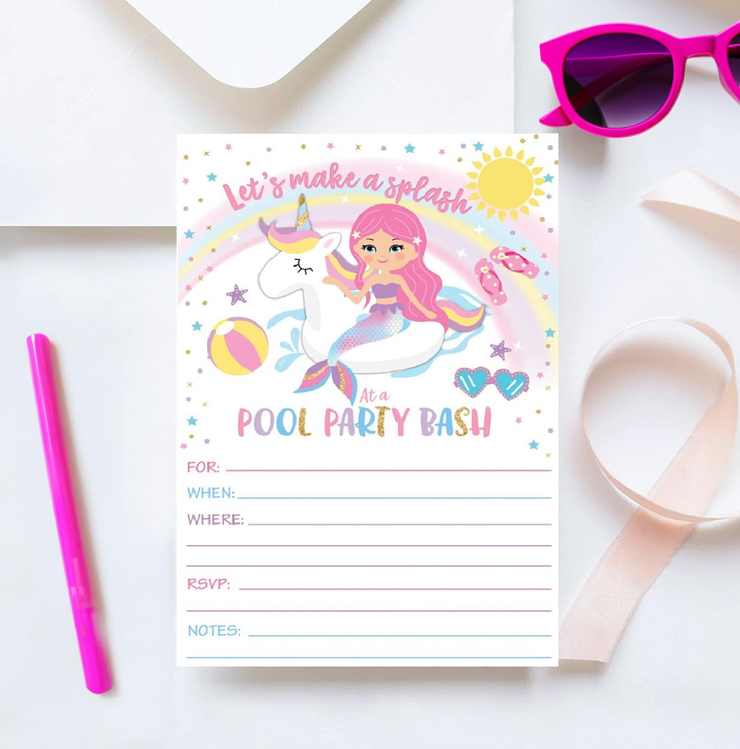 Your Main Event Prints Mermaid Unicorn Pool Party Birthday Invitations - Summer Pool Party Bash - Splash Pad, Water Park Invites - 20 Fill-In Unicorn Mermaid Invitations and White Envelopes