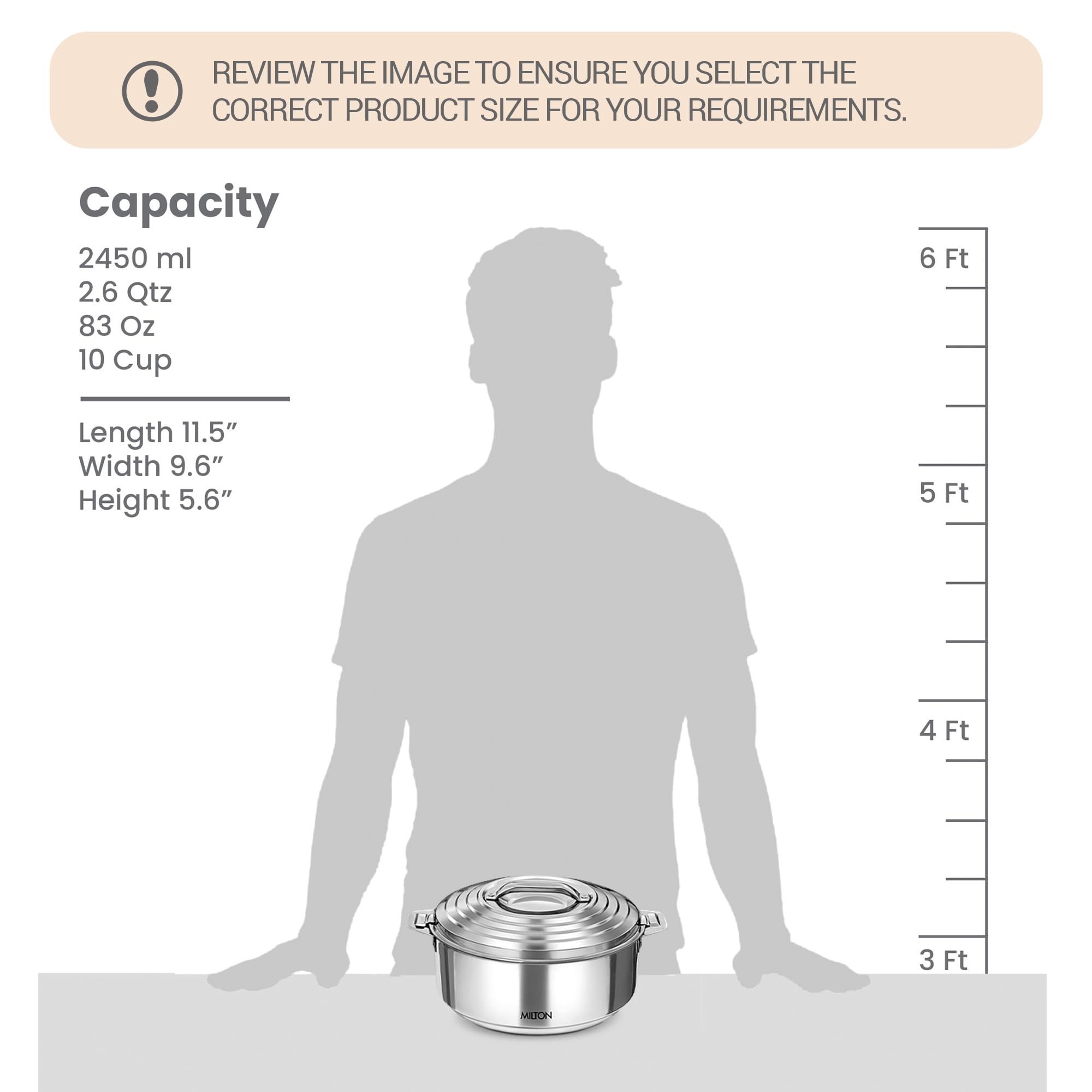 Milton Casserole for hot food, insulated stainless steel hot pot with lid, 84 oz (2500 ml) 2.6 qt, Serving box (bowl, dish) for food and roti Galaxia 2500 Food Warmer Cooler, Silver