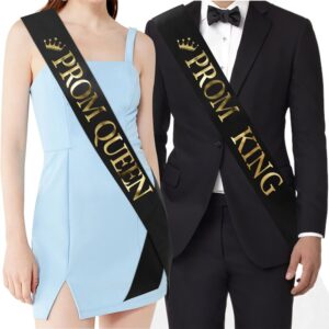 "prom king" and "prom queen" sashes - graduation party school party accessories, black with gold print