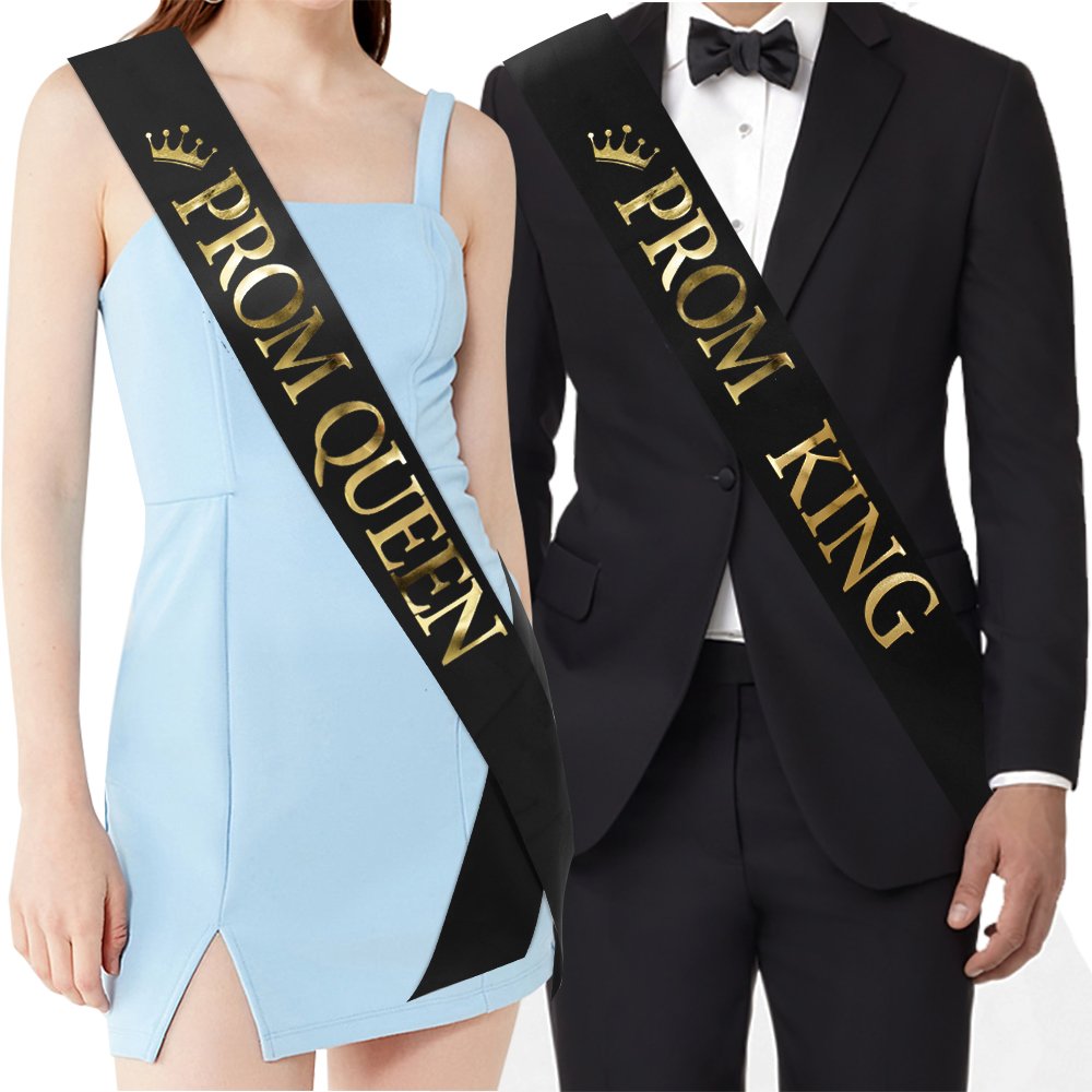 "Prom King" and "Prom Queen" Sashes - Graduation Party School Party Accessories, Black with Gold Print