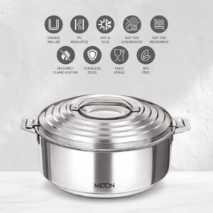 Milton Casserole for hot food, insulated stainless steel hot pot with lid, 84 oz (2500 ml) 2.6 qt, Serving box (bowl, dish) for food and roti Galaxia 2500 Food Warmer Cooler, Silver