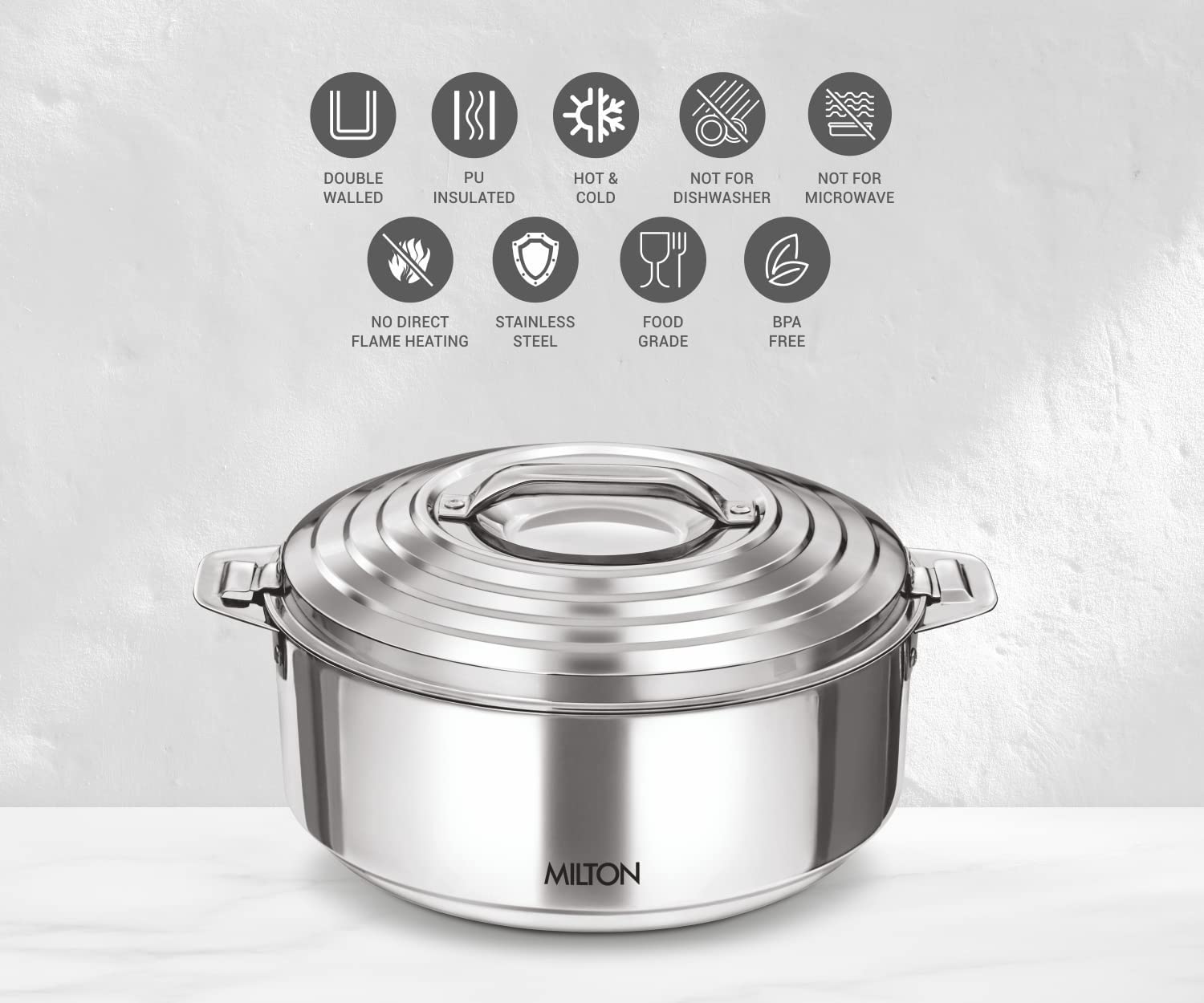 Milton Casserole for hot food, insulated stainless steel hot pot with lid, 84 oz (2500 ml) 2.6 qt, Serving box (bowl, dish) for food and roti Galaxia 2500 Food Warmer Cooler, Silver