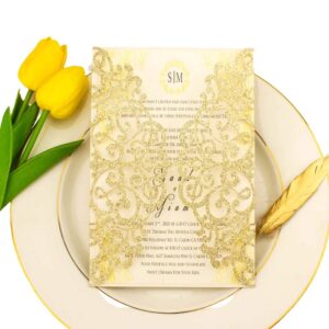 50sets 5x7 inch 250gsm light gold glitter wedding invitations cards with envelopes laser cut greeting invites 4 birthday bridal show