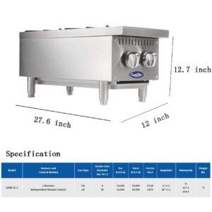 Atosa CookRite ACHP-2 12" Heavy Duty Vertical Countertop Gas Hot Plate Stock Pot Range for Hotel Food Truck Caterer | 12"W x 27 3/5"D x 13.5"H, Stainless Steel, (2) Burner 64,000 BTU, Natural Gas (NG)