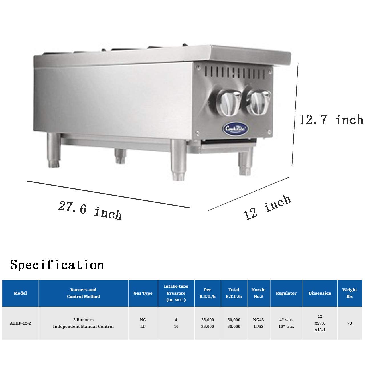 Atosa CookRite ACHP-2 12" Heavy Duty Vertical Countertop Gas Hot Plate Stock Pot Range for Hotel Food Truck Caterer | 12"W x 27 3/5"D x 13.5"H, Stainless Steel, (2) Burner 64,000 BTU, Natural Gas (NG)