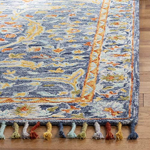 SAFAVIEH Aspen Collection Accent Rug - 4' x 6', Blue & Rust, Handmade Boho Braided Tassel Wool, Ideal for High Traffic Areas in Entryway, Living Room, Bedroom (APN116M)