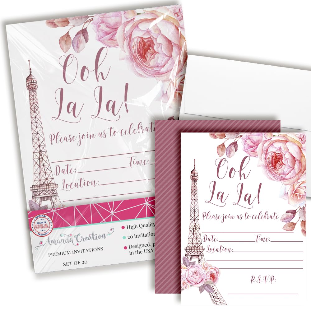 Ooh La La Watercolor Floral Paris Party Invitations for Birthdays, Baby Showers, Bridal Showers, Engagement Parties and more. 20 5x7 Fill In Cards with Twenty White Envelopes by AmandaCreation