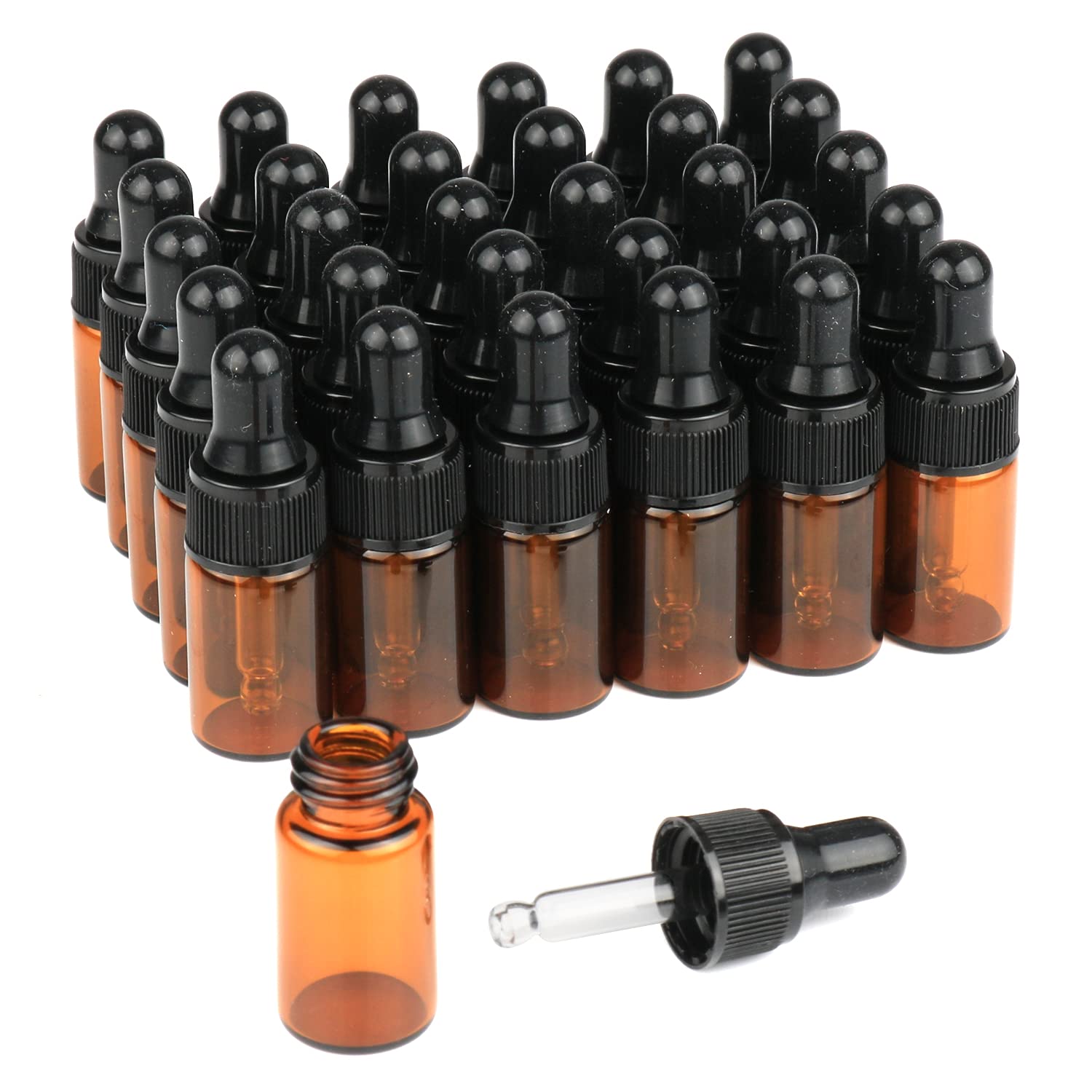 Amber Glass Dropper Bottles 30 Pcs Mini 1ml 2ml 3ml Essential Oils Dropper Bottles Refillable Perfume Fragrance Cosmetics Glass Dropper Pipette Bottles Vial Container (3ml)