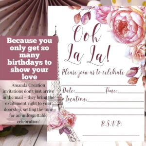 Ooh La La Watercolor Floral Paris Party Invitations for Birthdays, Baby Showers, Bridal Showers, Engagement Parties and more. 20 5x7 Fill In Cards with Twenty White Envelopes by AmandaCreation