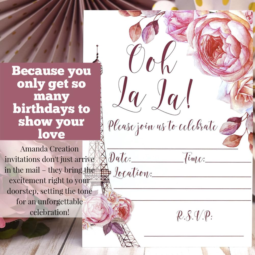 Ooh La La Watercolor Floral Paris Party Invitations for Birthdays, Baby Showers, Bridal Showers, Engagement Parties and more. 20 5x7 Fill In Cards with Twenty White Envelopes by AmandaCreation