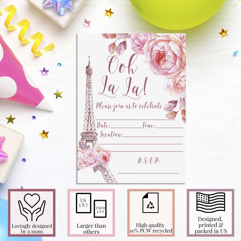 Ooh La La Watercolor Floral Paris Party Invitations for Birthdays, Baby Showers, Bridal Showers, Engagement Parties and more. 20 5x7 Fill In Cards with Twenty White Envelopes by AmandaCreation