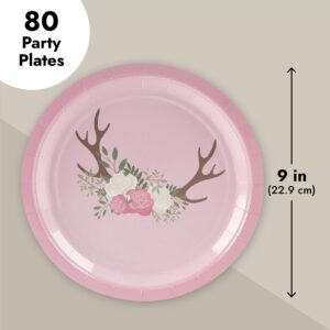 BLUE PANDA Disposable Plates - 80-Count Paper Plates, Bridal and Baby Shower Party Supplies for Appetizer, Lunch, Dinner, and Dessert, Floral Deer Pattern, 9 x 9 Inches