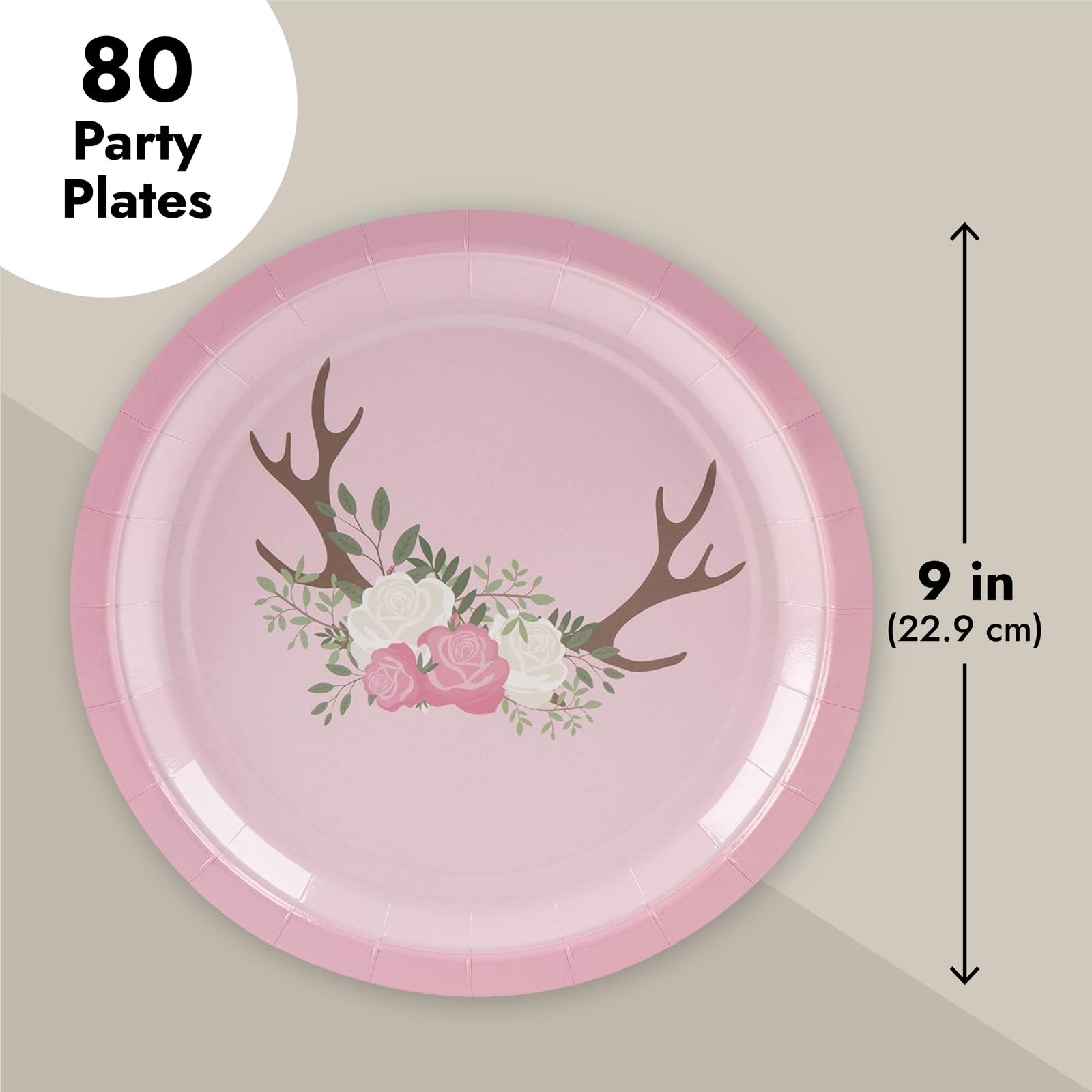 BLUE PANDA Disposable Plates - 80-Count Paper Plates, Bridal and Baby Shower Party Supplies for Appetizer, Lunch, Dinner, and Dessert, Floral Deer Pattern, 9 x 9 Inches