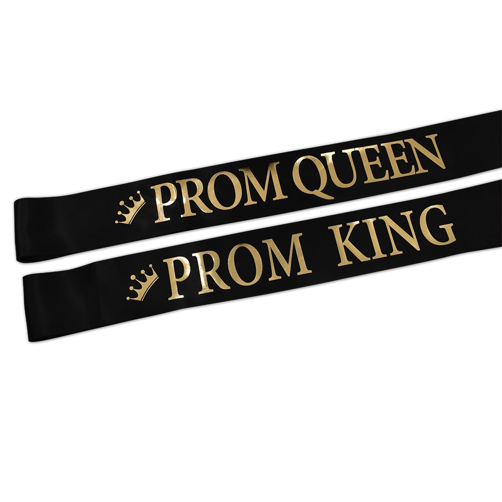 "Prom King" and "Prom Queen" Sashes - Graduation Party School Party Accessories, Black with Gold Print