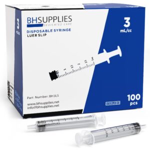 bh supplies 3ml luer slip tip syringe - (no needle) - sterile, individually wrapped - 100 syringes