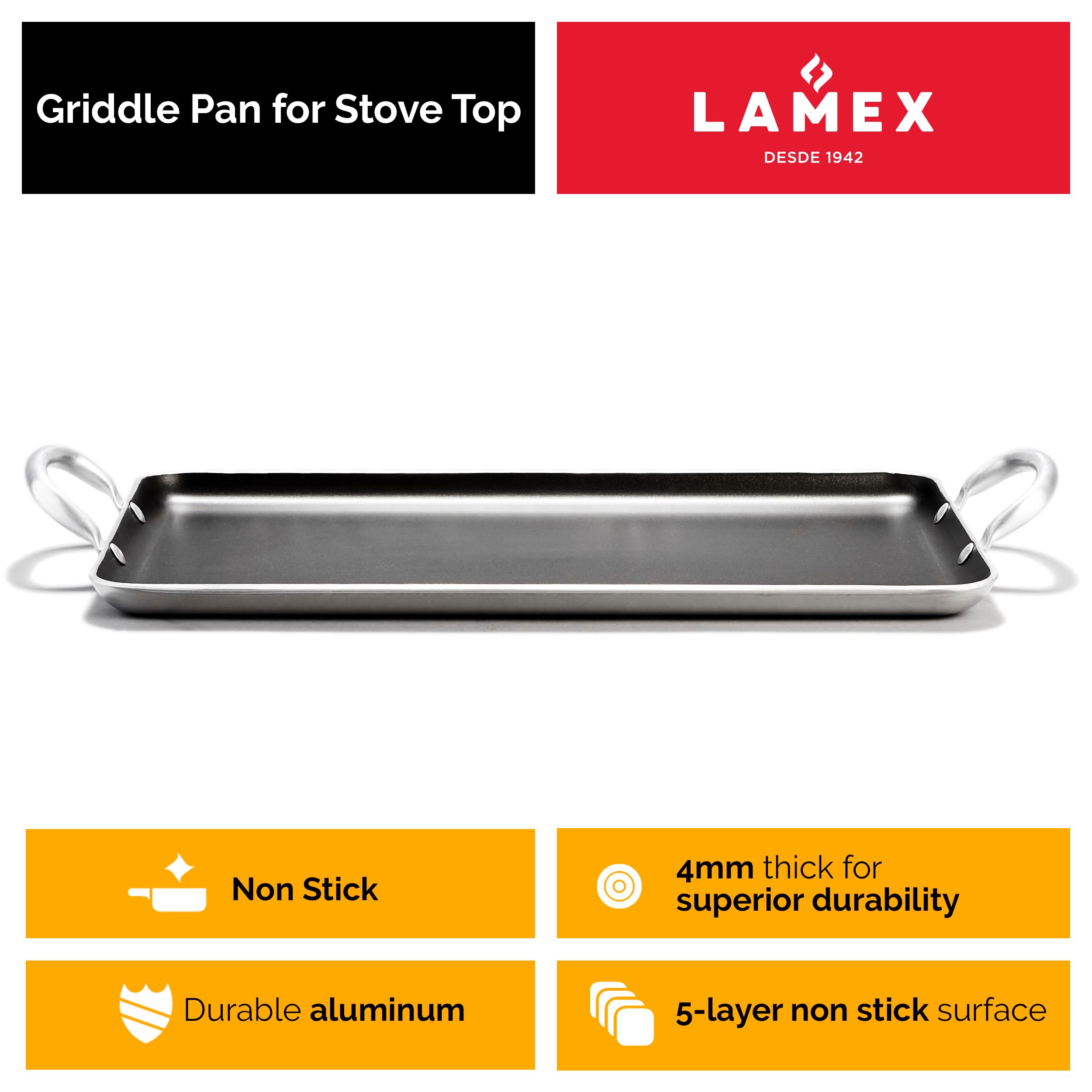 LAMEX | Griddle Pan for Stove Top | Kitchen Appliances - Indoor Grill | Vacation Essentials - Bbq Grill - Outdoor Grill | 4mm