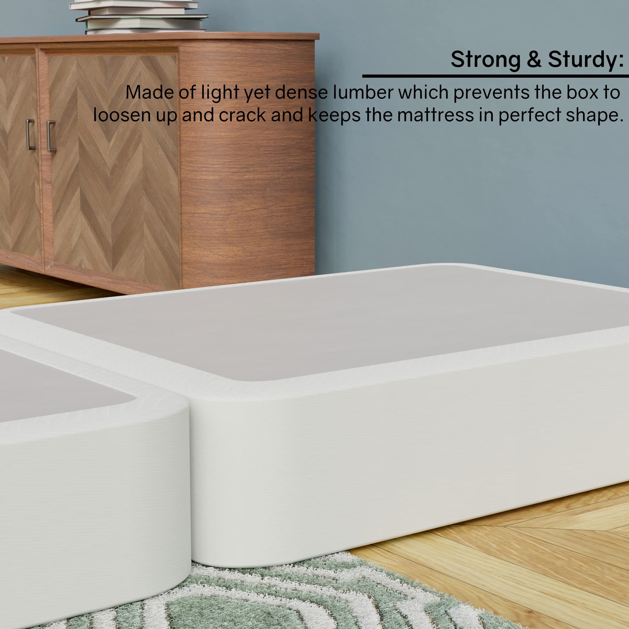 Mattress Solution 4-Inch Sturdy Box Spring for Mattress Support-Durable and Fully Assembled, Natural Wood Foundation for Queen, White