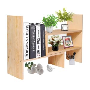 flexzion natural wooden desktop shelf wood caddy desk organizer set office storage adjustable expandable tabletop accessory sorter bookcase display stand rack (beige)