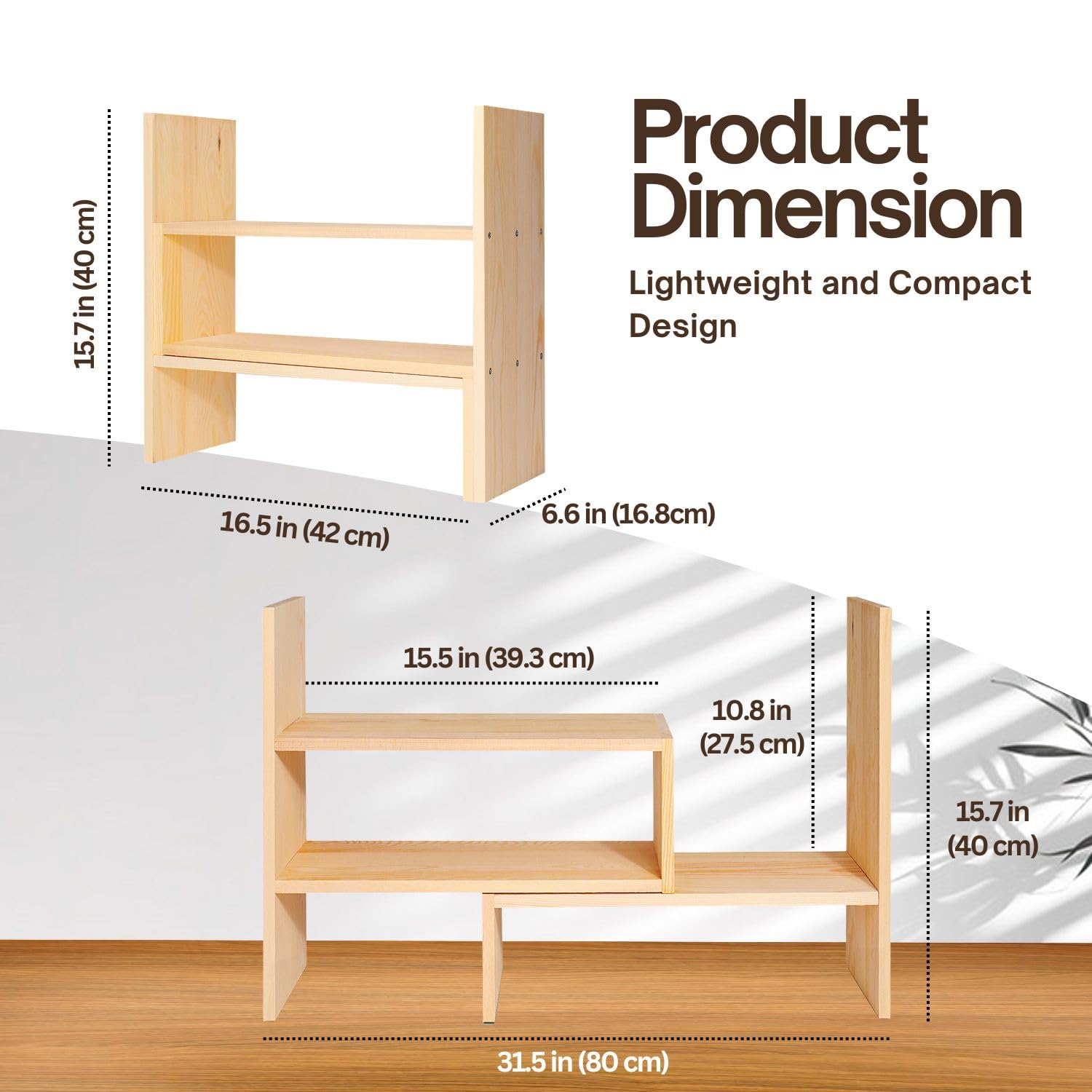 Flexzion Natural Wooden Desktop Shelf Wood Caddy Desk Organizer Set Office Storage Adjustable Expandable Tabletop Accessory Sorter Bookcase Display Stand Rack (Beige)