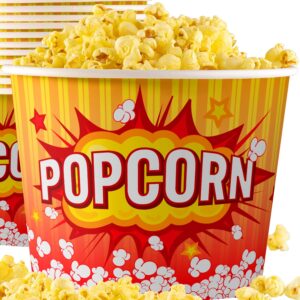 greaseproof retro 85oz popcorn buckets 25 pk. reusable and durable pop corn tubs in red yellow. large disposable containers perfect for movie night, theme party, theater, carnivals & fundraisers.