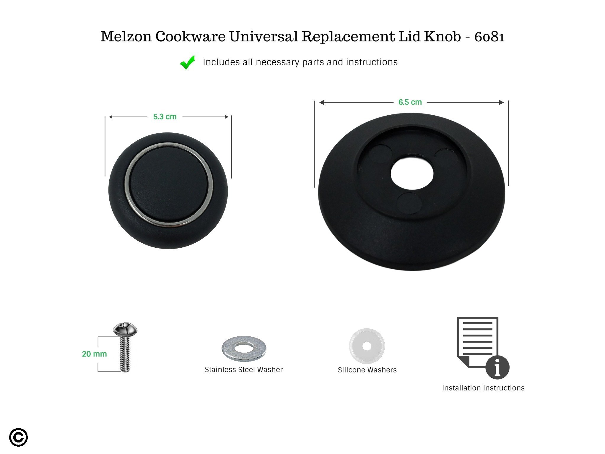 Melzon Cookware Universal Replacement Lid Knob – Heat Resistant, Bakelite Kitchen Pot Lid Handle, Black w/Silver Lining (1)