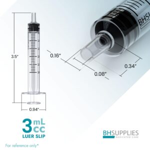 BH Supplies 3ml Luer Slip Tip Syringe - (No Needle) - Sterile, Individually Wrapped - 100 Syringes